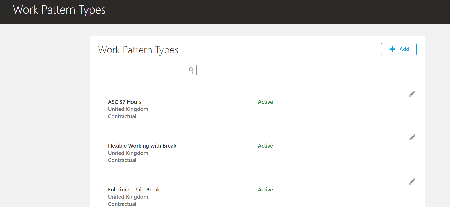Table of Work Pattern Types — Cloud Customer Connect