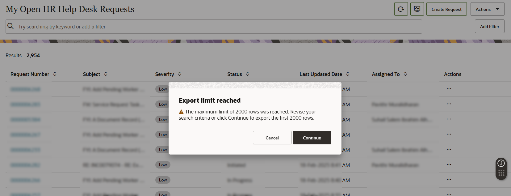 Extend the Export Limit Reached value — Cloud Customer Connect