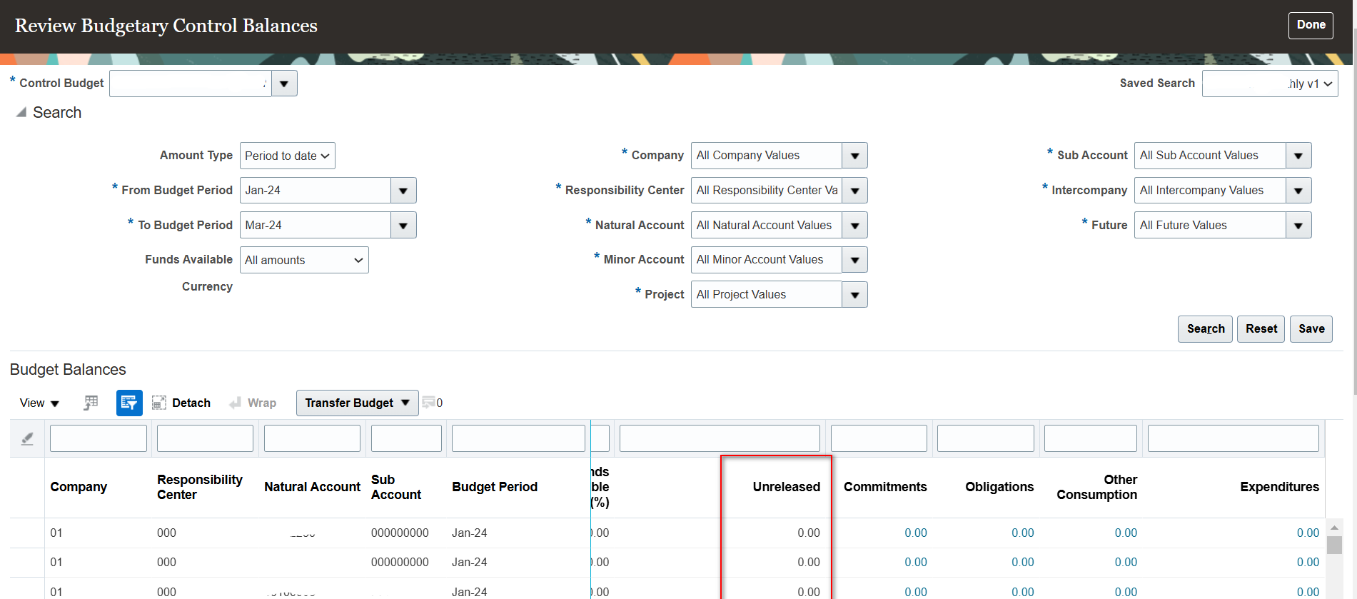 Purpose of 'Unreleased' column in the Review Budgetary Control Balances ...
