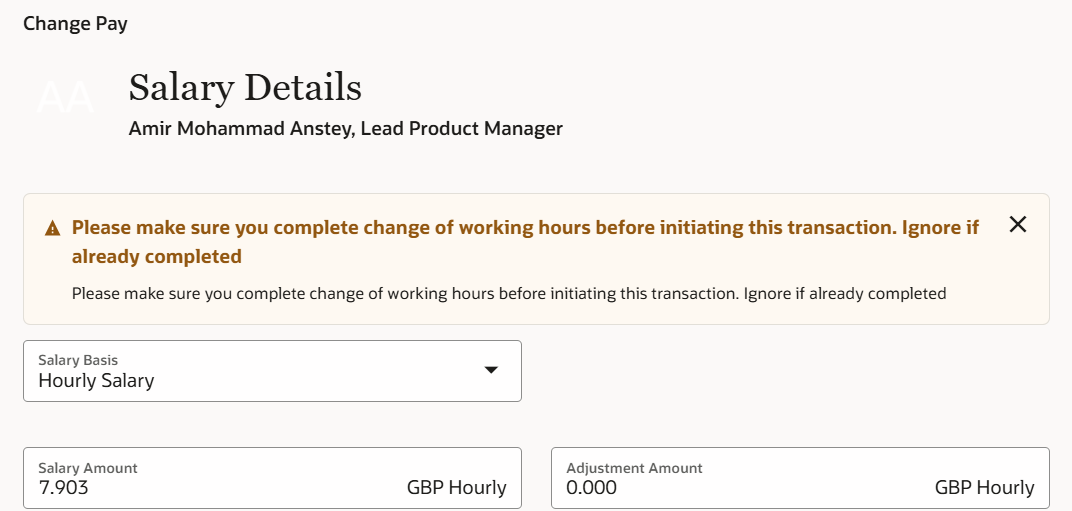 Warning msg getting displayed in salary details section under change ...
