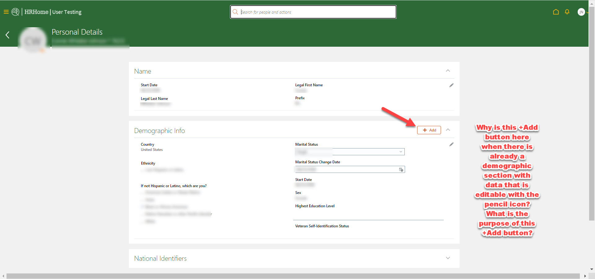 Why Is There An Add Button On The Qa Personal Details Demographics Section Can I Hide It