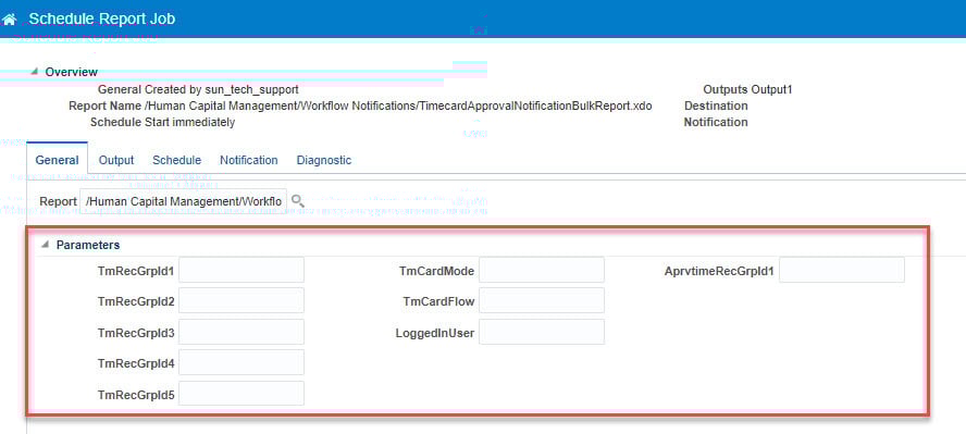 What Parameters To Pass When Scheduling Timecardapprovalnotificationbulkreport To Get Xml File