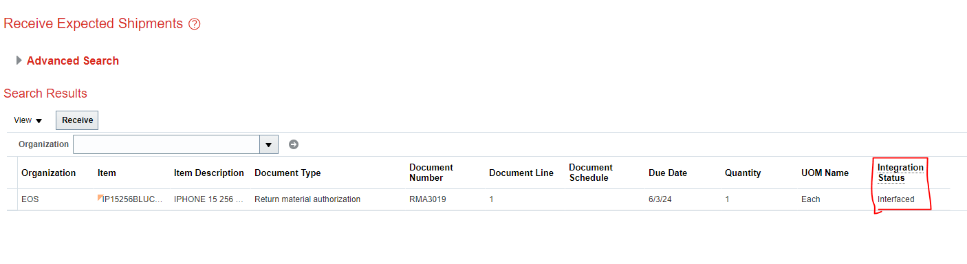 What Is The Backend Table For Integration Status Column In Receive Expected Shipments Work