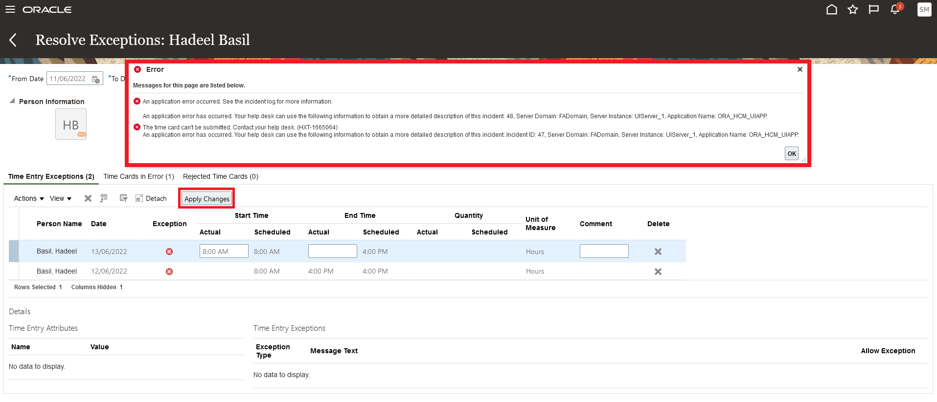 Resolve Exception By Worker > Time Entry Exceptions > Not Able to Apply ...