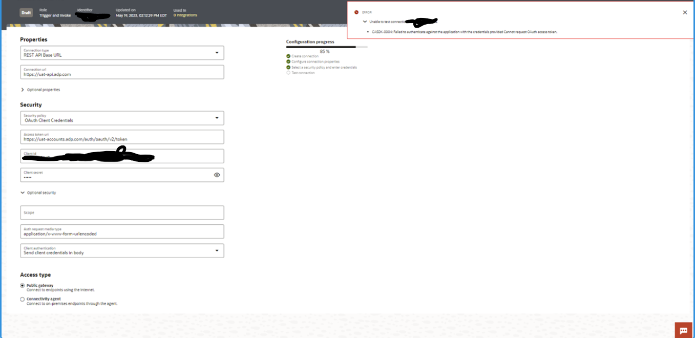 How to establish connectivity with ADP WFN in OIC Gen3 — Cloud Customer Connect