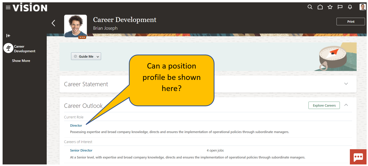 Where can an Employee see his own position profile or LM see his direct ...