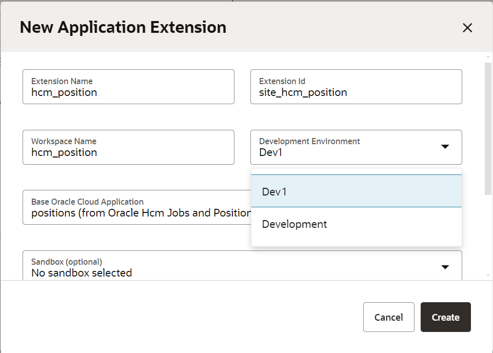 Visual builder - created environment and workspace for Dev1 — Cloud Customer Connect