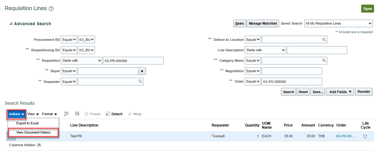 View Document History In Requisition Lines Not Show Data — Cloud Customer Connect