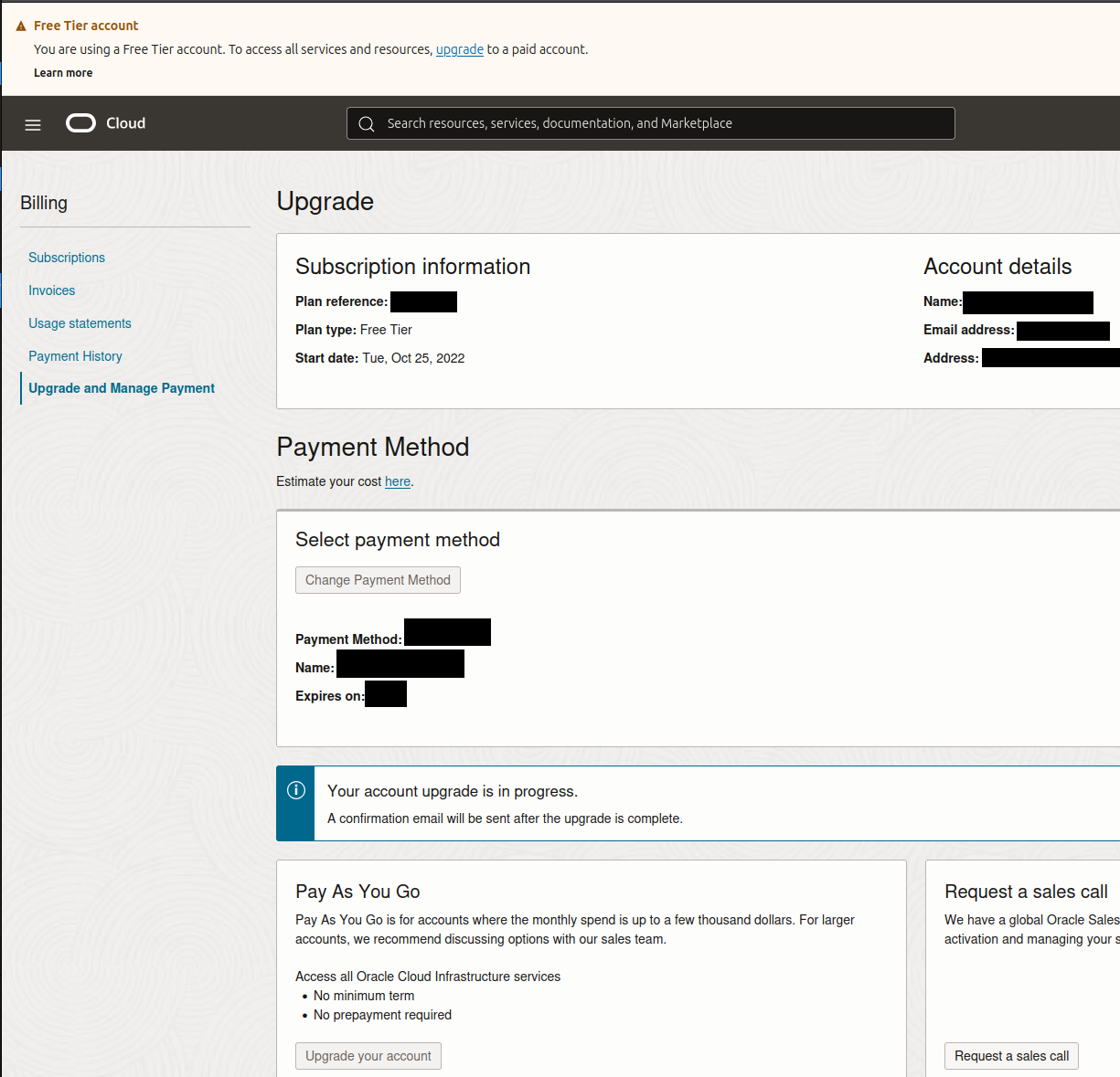 Free account upgrade to Pay as you go tier is stuck — Cloud Customer Connect