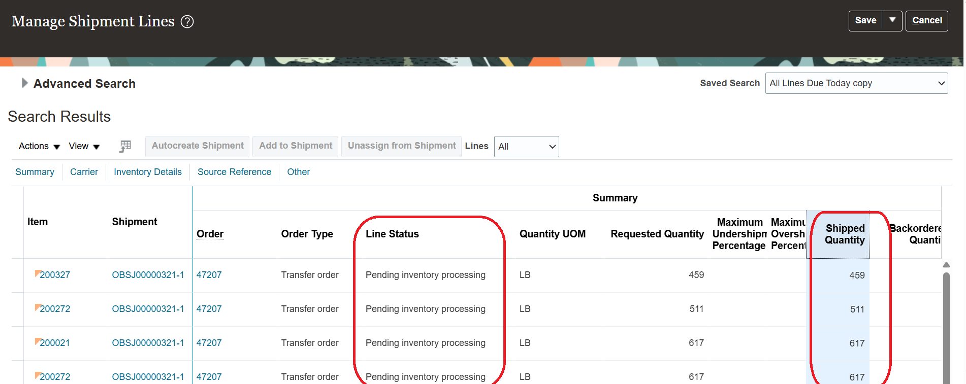 Transfer Order - Shipment lines stuck with "Pending inventory ...