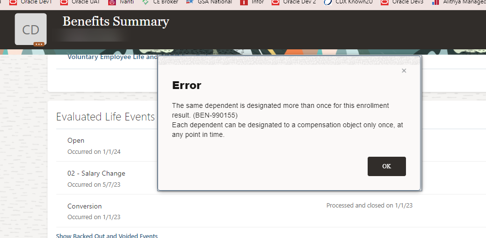 Error on Life Event Employee or Dependent Loss of Coverage BEN-990155 — Cloud Customer Connect