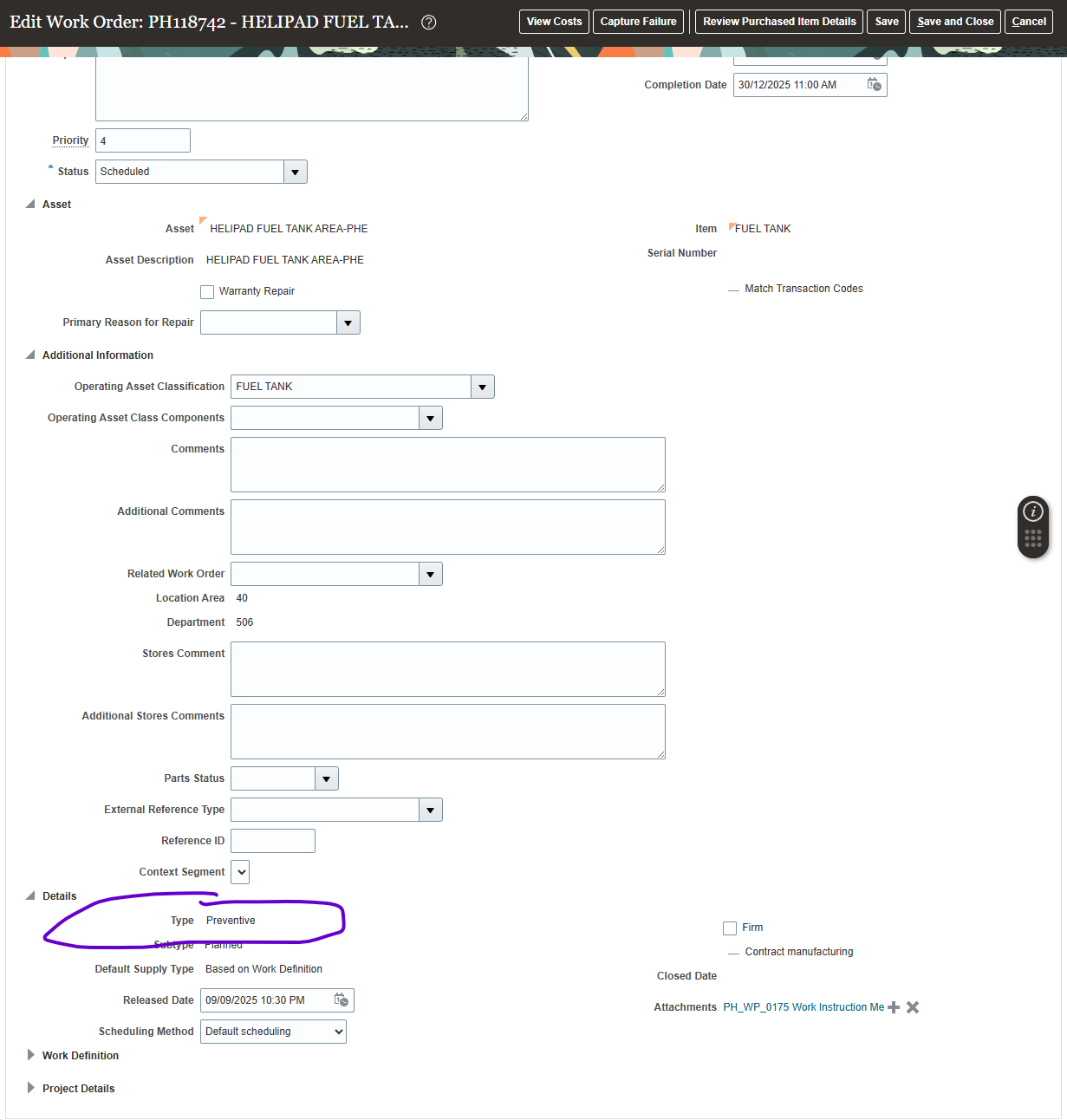 Defaulting rule for work order type when create maintenance work order ...