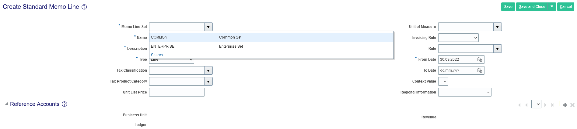 "Memo Line Set" list of values at Create Standart Memo Line page ...