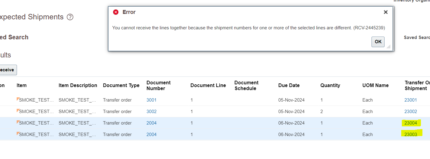 Unable to receive multiple shipments together — Cloud Customer Connect