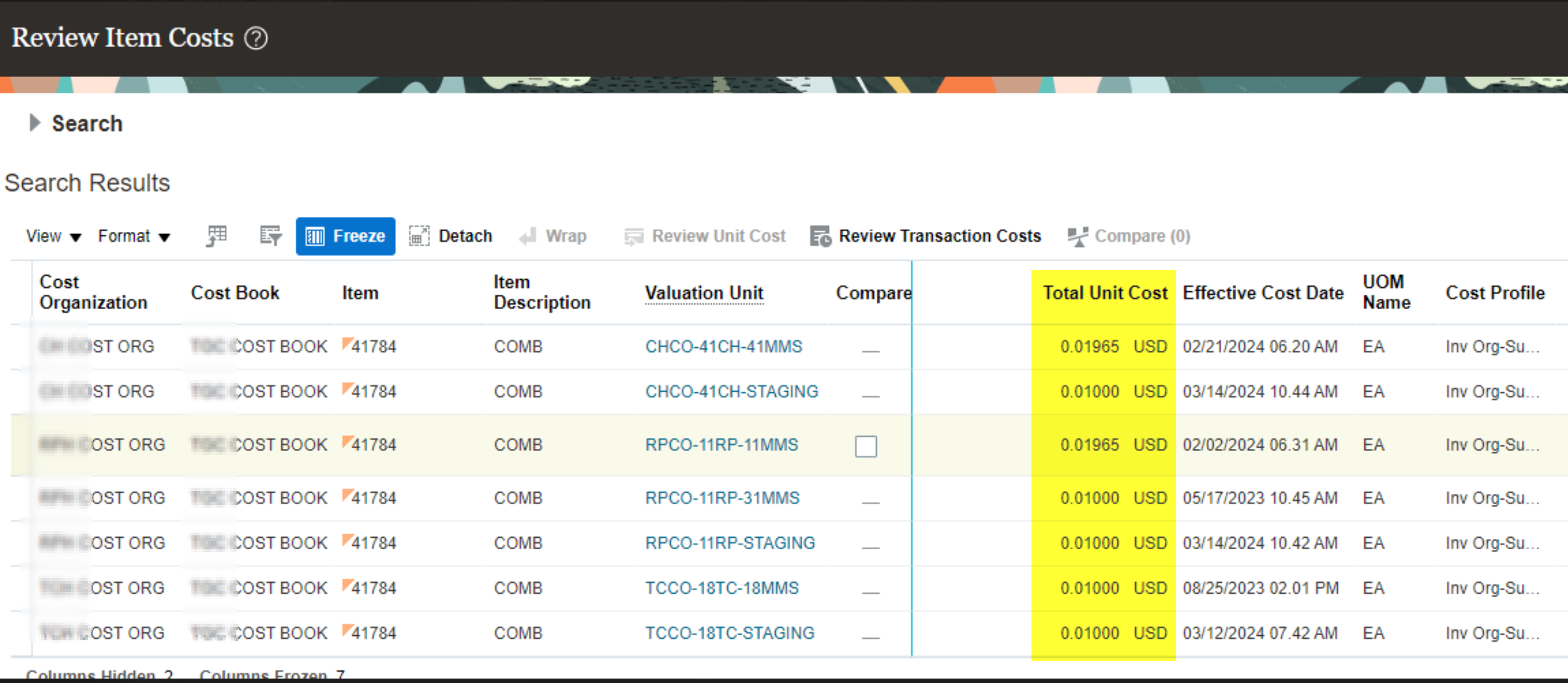 Query to get Total Unit Cost from Review Item Costs — Cloud Customer Connect
