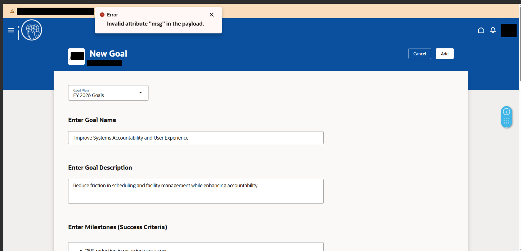 Invalid attribute "msg" in the payload — Cloud Customer Connect