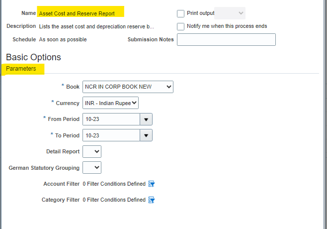 Not able to see parameters in job "Asset Cost and Reserve Report ...