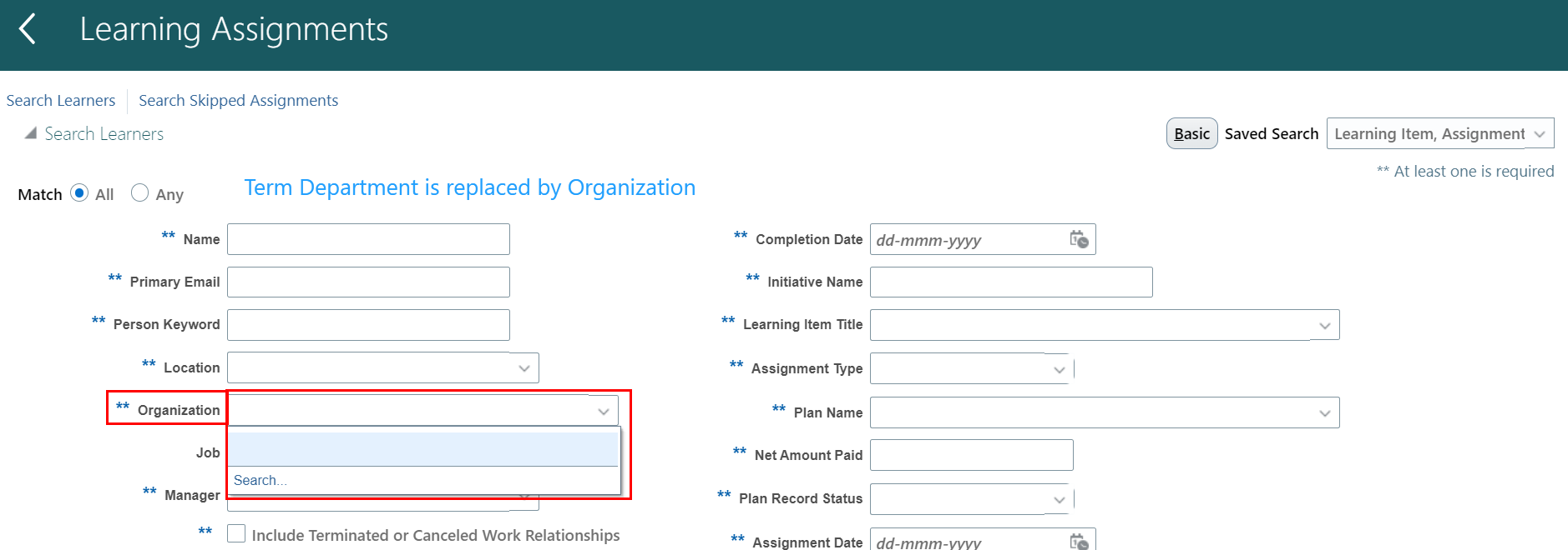 Department list of values are not Populating in Learning Assignments Page — Cloud Customer Connect