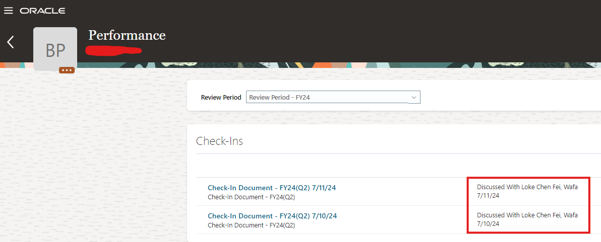 When Employee add check in document and save text showing "Discussed with " — Cloud Customer Connect