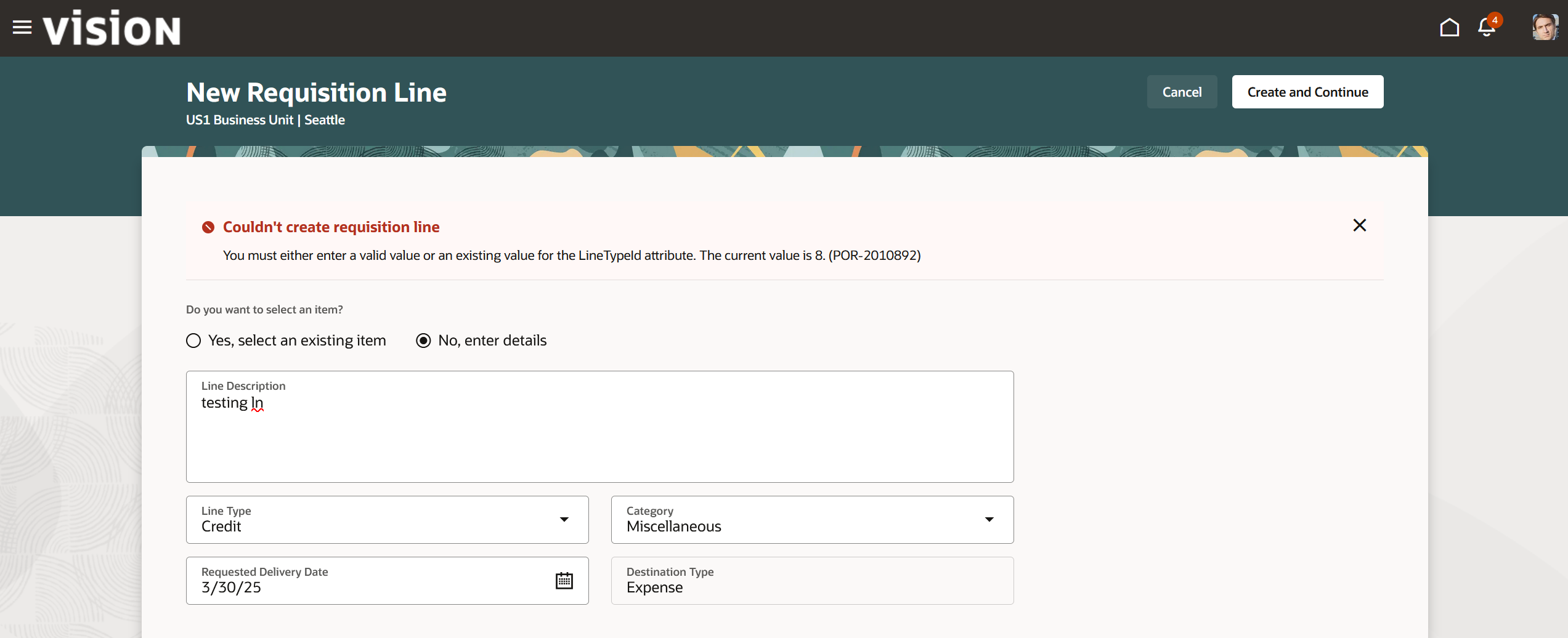 Rssp Requisition Line Type Credit Is Showing Error — Cloud Customer Connect