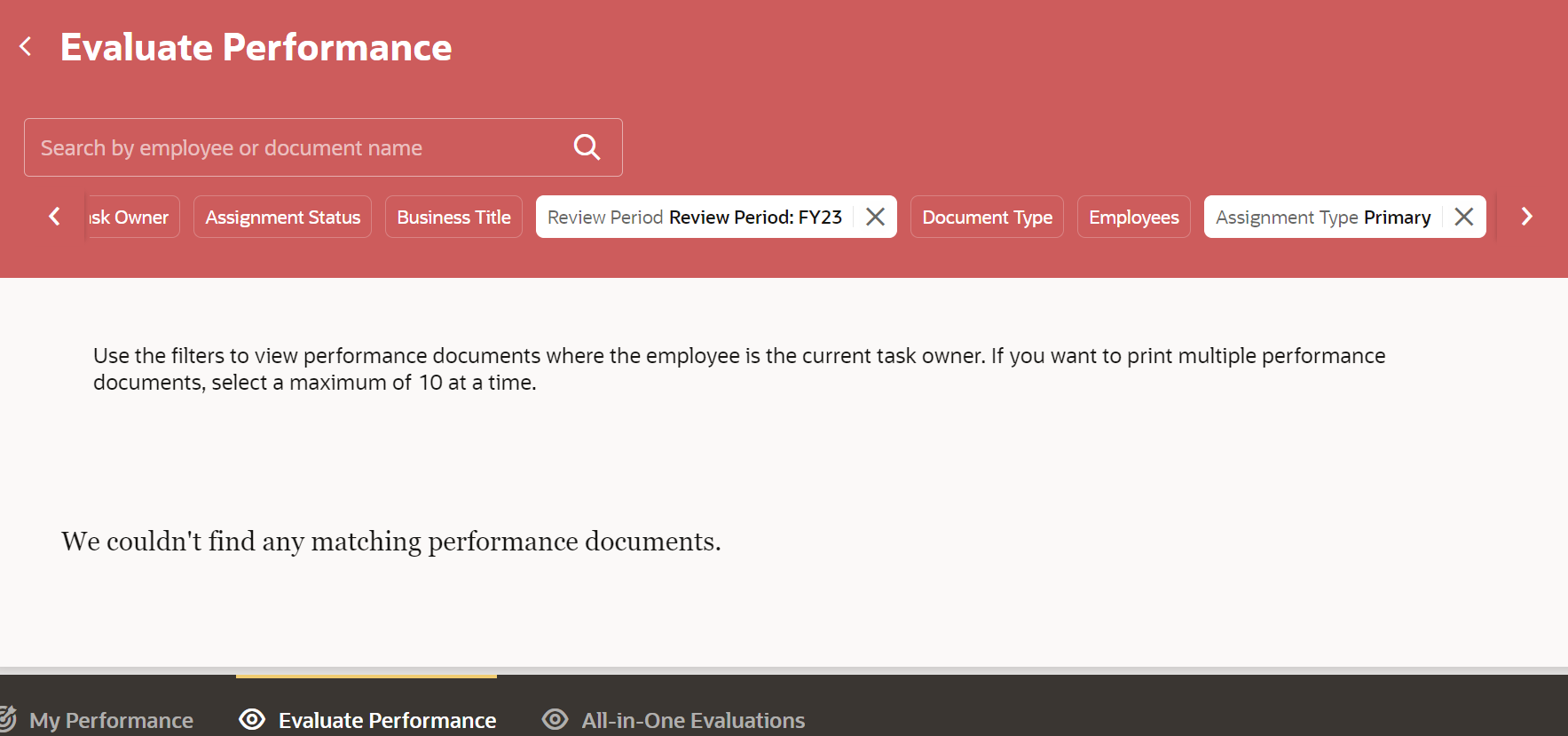 Redwood Evaluate performance page does not show any results when the assignment type is selected ...