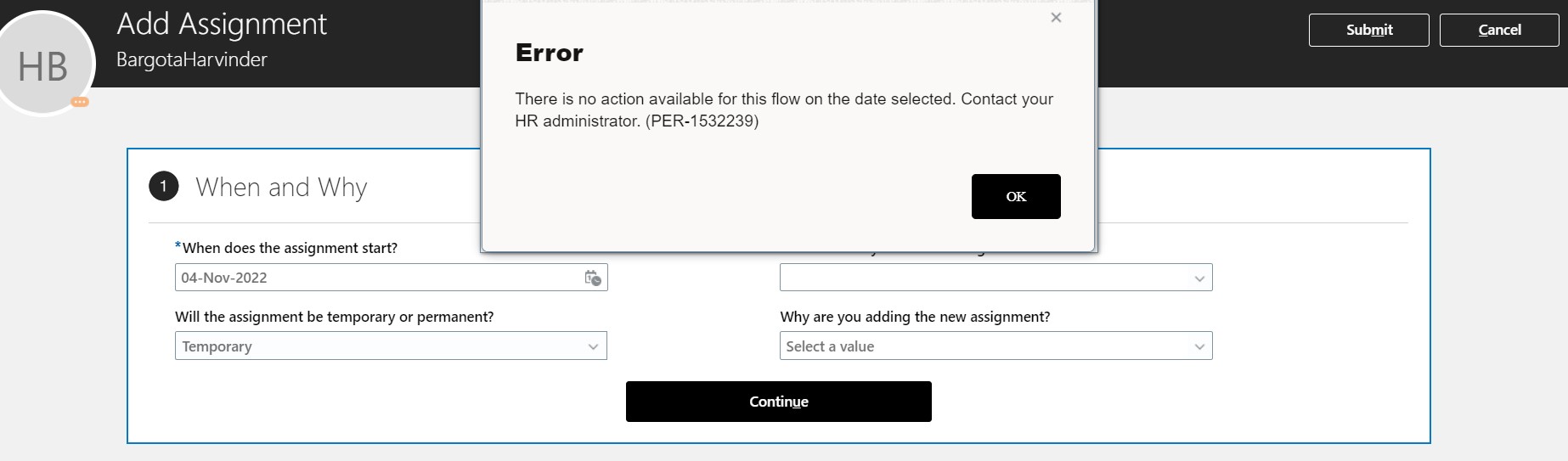 How to Resolve "There is no action available for this flow on date selected. (PER - 1532239 ...