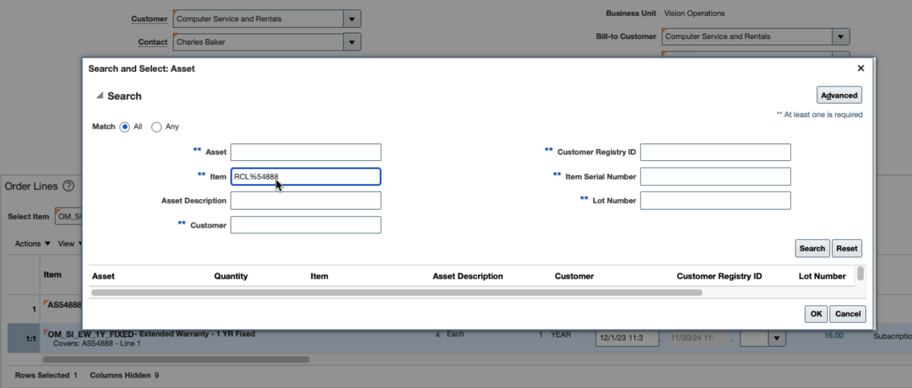 Create coverage for existing asset: search assets by different customer ...