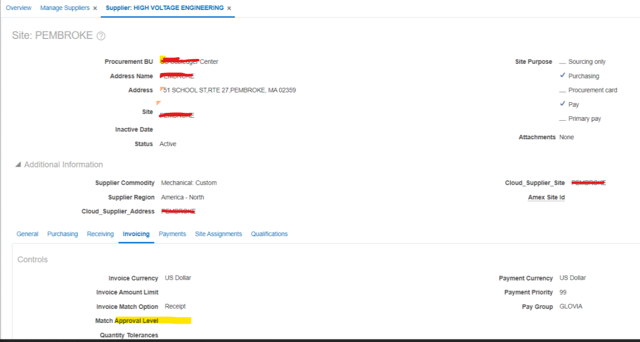 Table details to check supplier site Match Approval level — Cloud Customer Connect