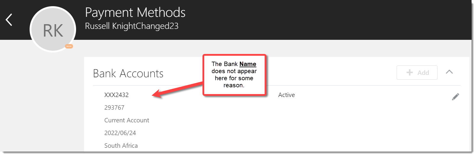 Missing Bank Name in Payment Methods section — Cloud Customer Connect