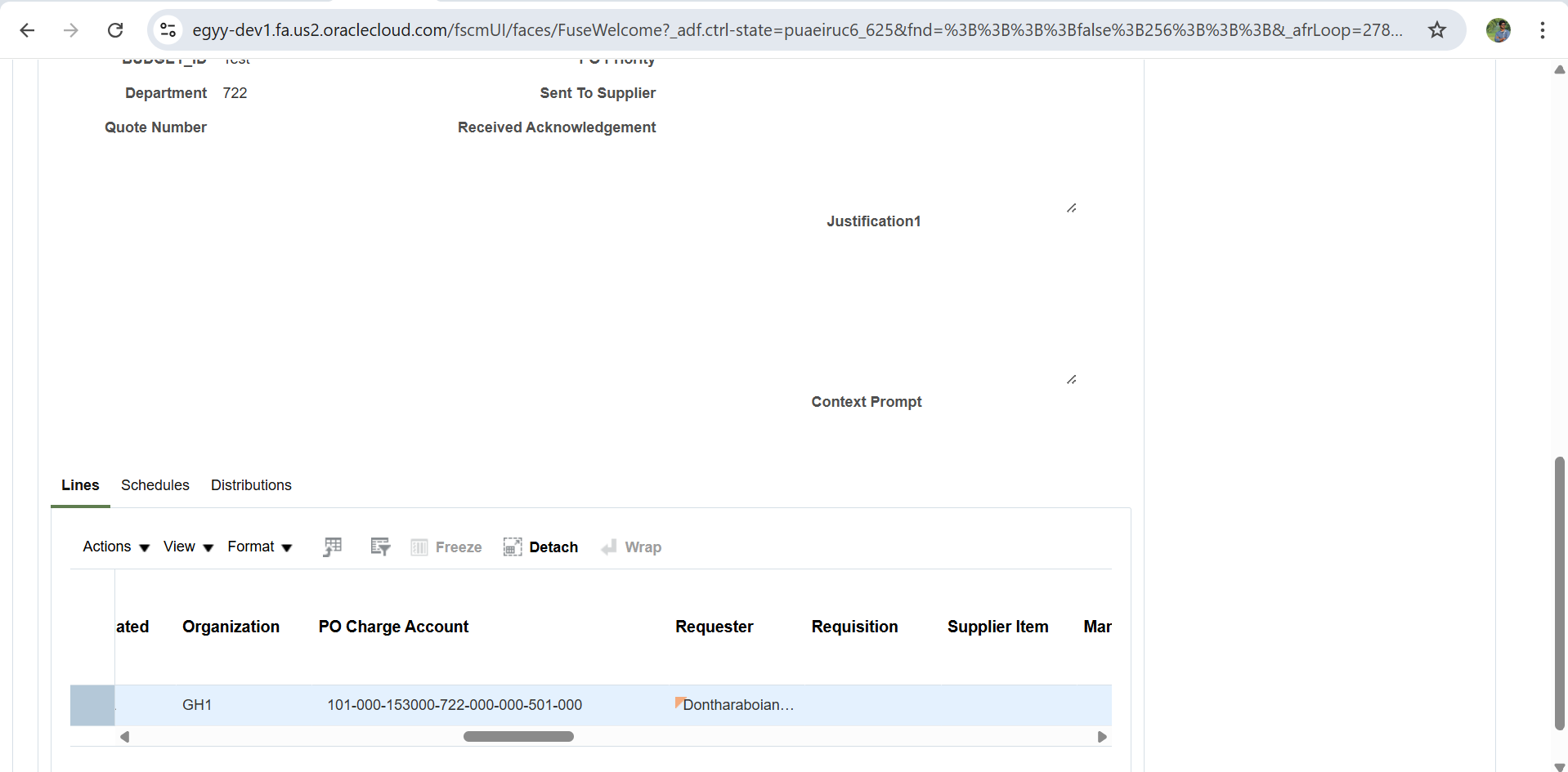 Charge account on PO change order is not getting update on attribute change in Oracle fusion ...