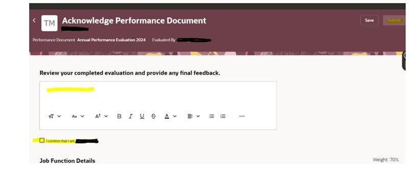 Unable to customize the acknowledgment verbiage on the Performance Review Document in the ...