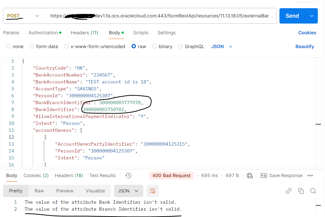 REST API externalBankAccounts Got Error 'Bank Identifier isn't valid' — Cloud Customer Connect