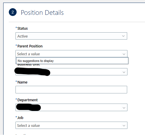 Create Position -> Parent Position and Job LOV missing — Cloud Customer Connect