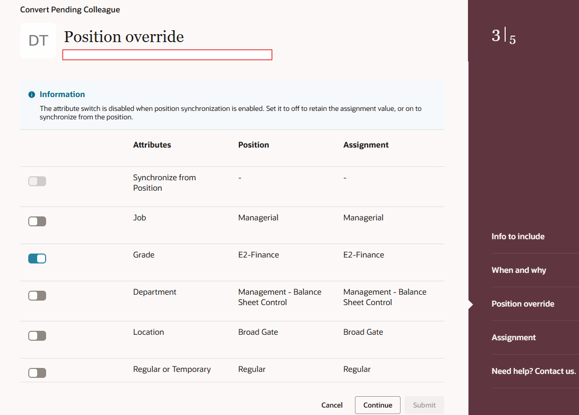 Redwood: Position Override- Grade not automatically populating — Cloud Customer Connect