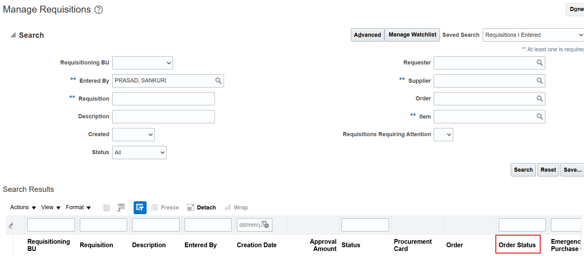 Purchase 'Order Status' column is missing from the RSSP 'My ...