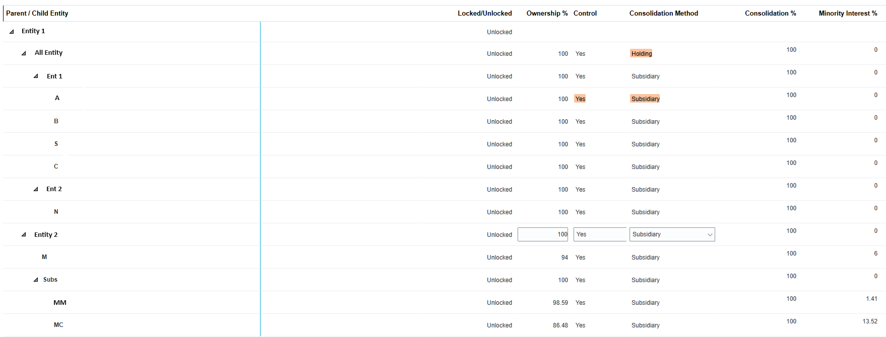 Consolidation In Fccs On Two Different Levels Of The Entity Hierarchy With Different Ownership