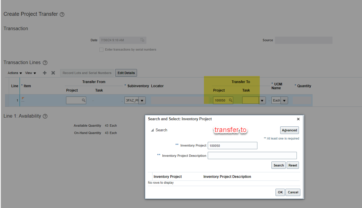 What is the value set for Transfer To LOV for "Inventory Project" in ...