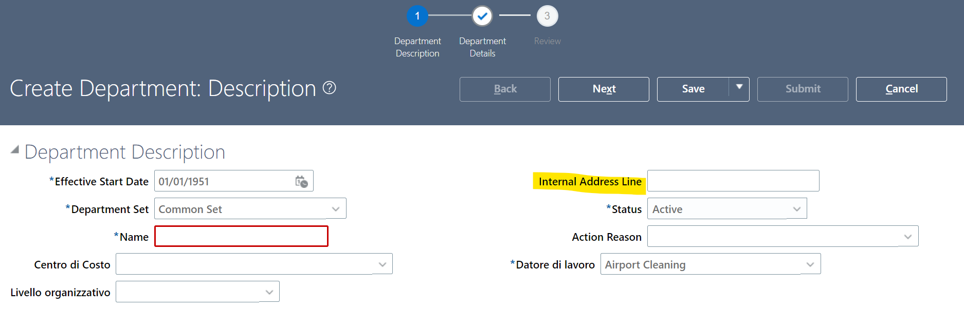 Validate Internal Address Line during Manage Department creation. — Cloud Customer Connect