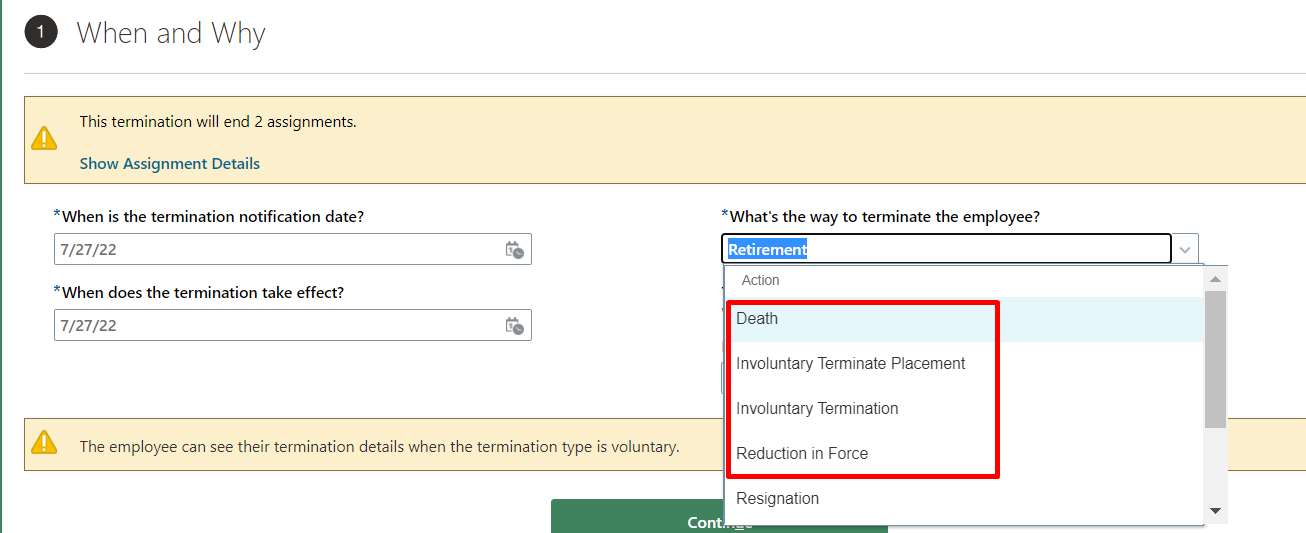 How to delete the action from the Terminate Work Relationship page ...