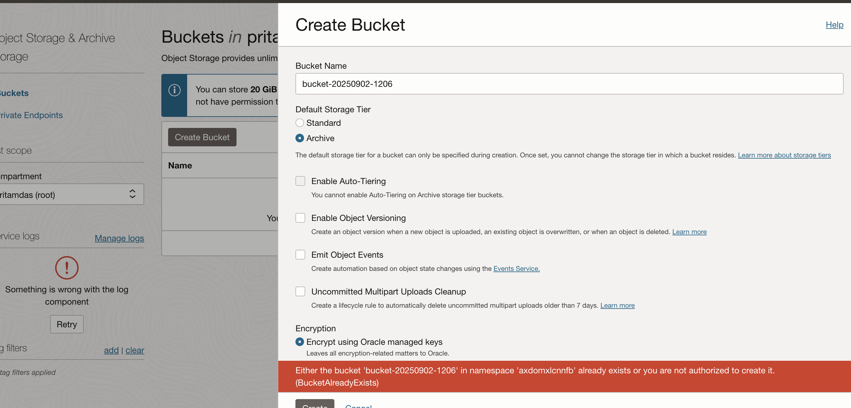 Can't create Object Storage Bucket in Free tier OCI — Cloud Customer ...