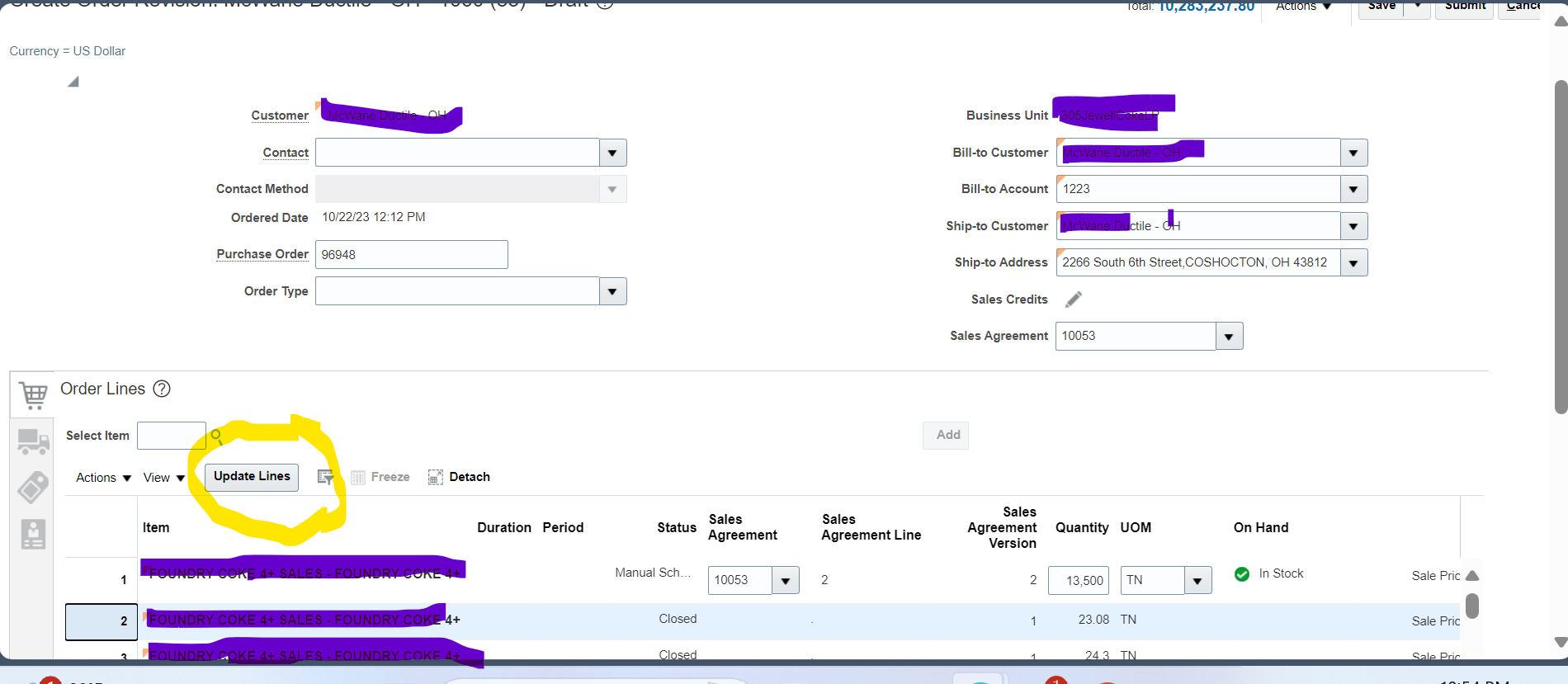 How to identify the fields that was updated using the Update Lines Button — Cloud Customer Connect