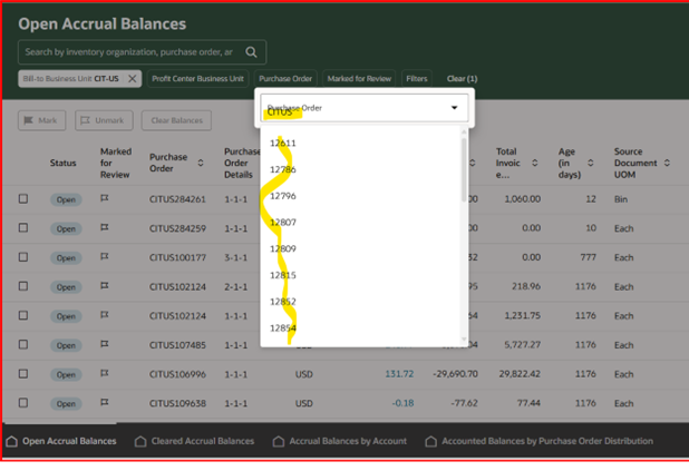 Redwood - Audit Receipt Accrual Clearing Balances UI is not showing correct purchase order ...