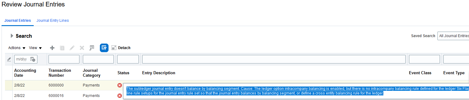 The subledger journal entry doesn't balance by balancing segment ...