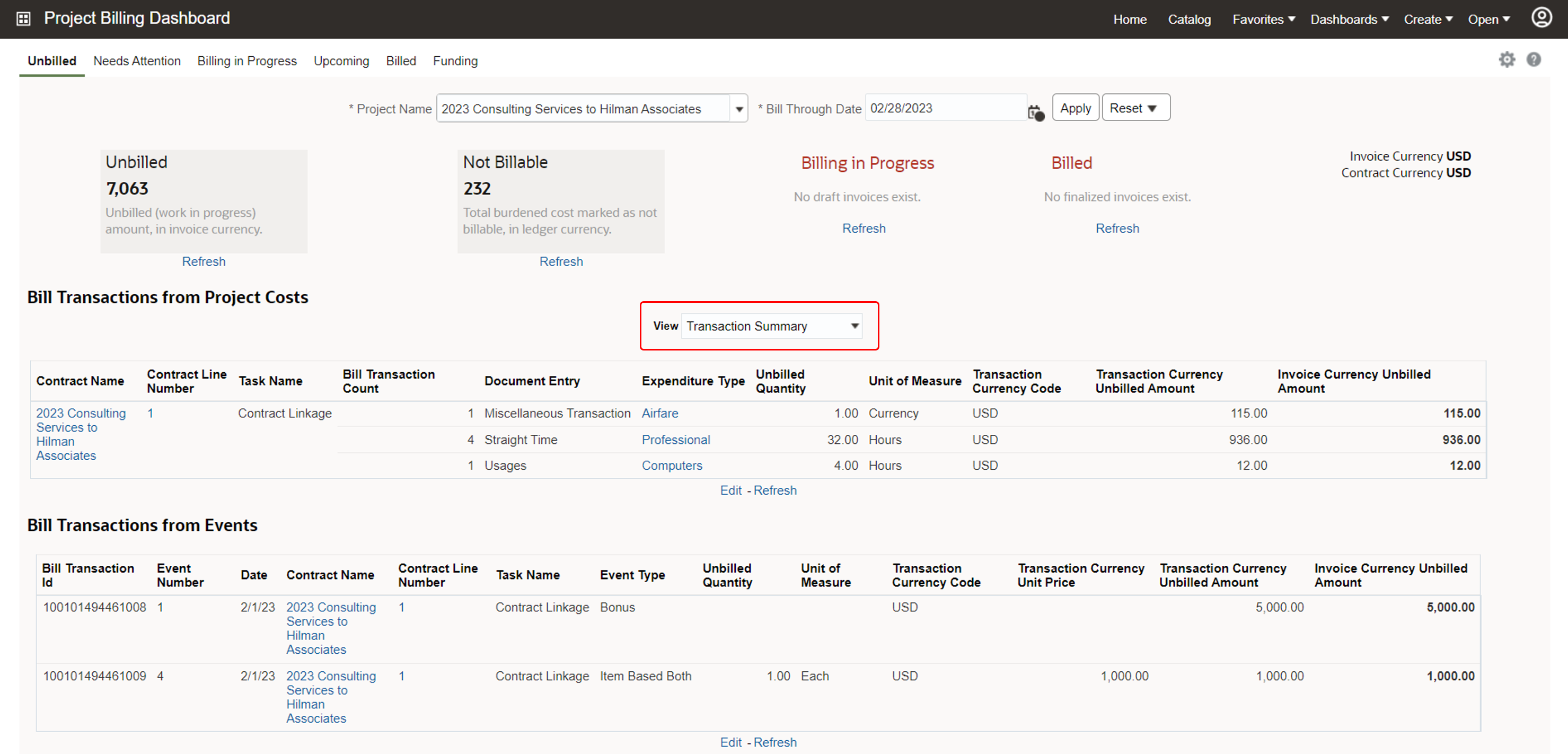 Unbilled Amounts in "Project Billing - Bill Transactions Real Time ...
