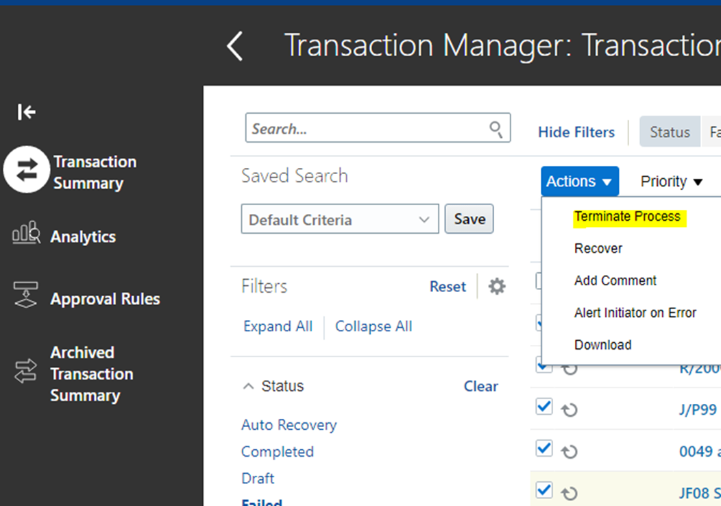 Terminate Process Option Is Not Available On Transaction Console — Cloud Customer Connect