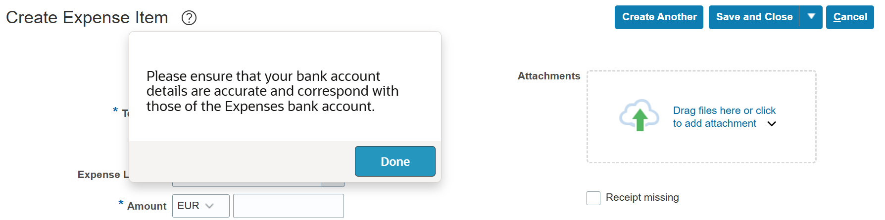 ensure bank account details are accurate..." message during expense ...