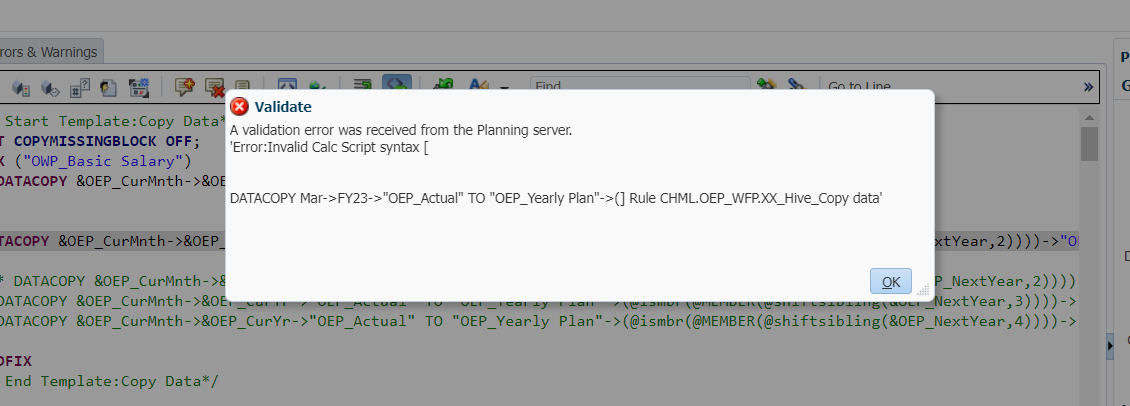 A validation error was received from the Planning server — Cloud Customer Connect
