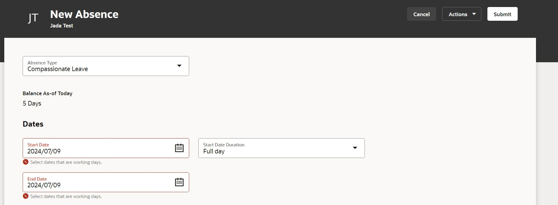 Redwood Manager Self Service Add Absence Select Dates That Are