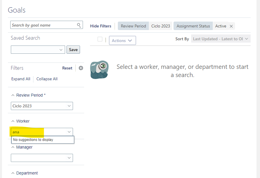 I cannot find any worker in the worker goals search bar — Cloud Customer Connect