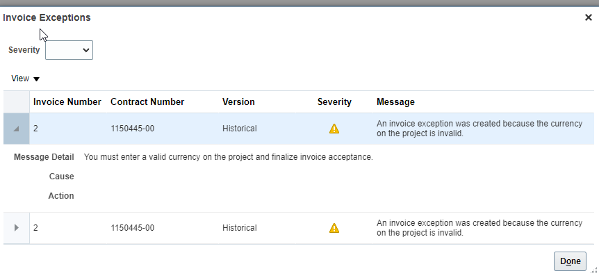Contract invoice exception - currency on project — Cloud Customer Connect